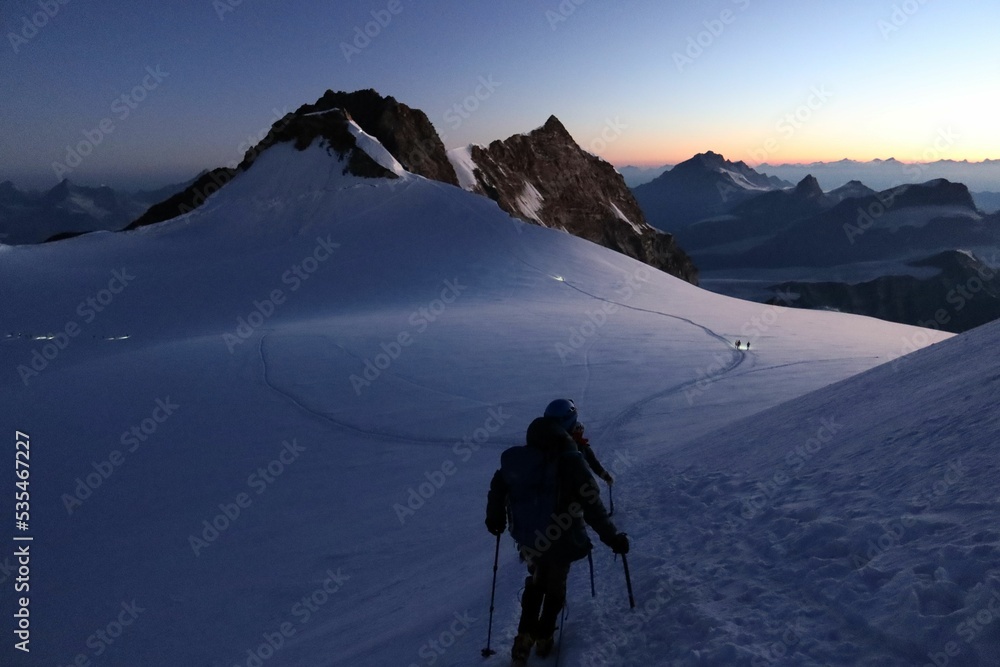 Multi day summer expedition through some glaciers in the alps. On the ...