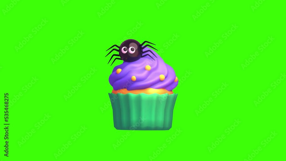 Looped isolated cartoon Halloween cupcake with spider object on green ...