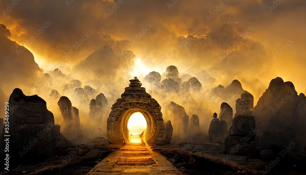 Portal in stone arch with magical symbols in mountain cave. Gate to ...