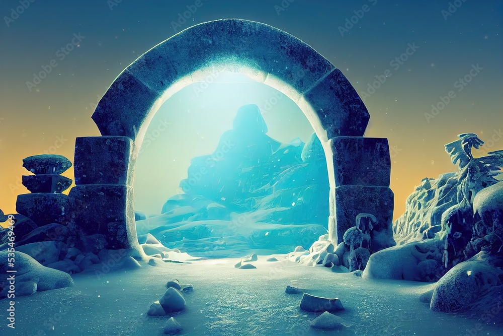 Portal in stone arch with magical symbols in mountain cave. Gate to ...