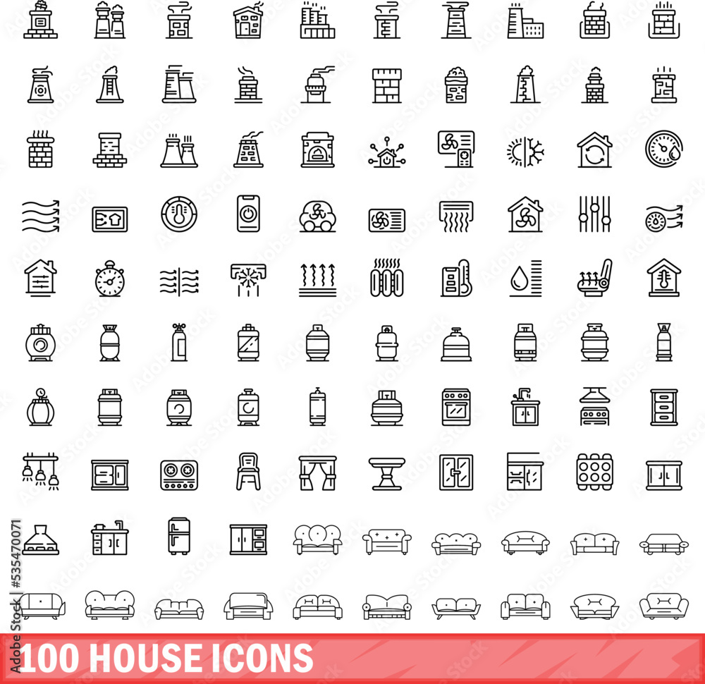 100 house icons set. Outline illustration of 100 house icons vector set ...