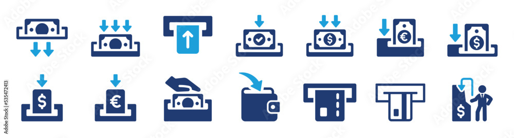 Deposit money icon set. Deposit cash from atm machine icon. Banking and ...