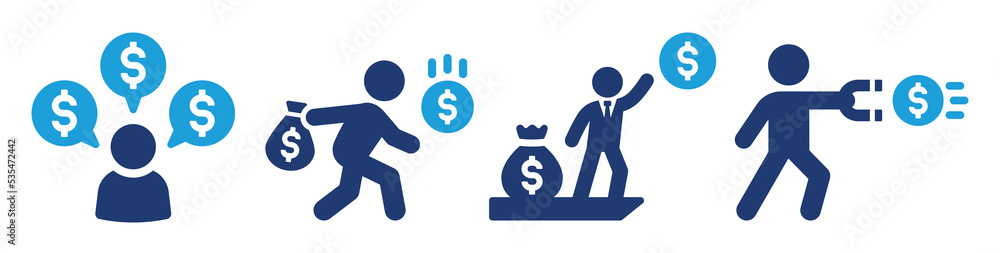 Greed icon set. Greedy icon collection. Man grabbing money symbol ...