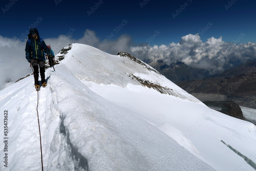 Multi day summer expedition through some glaciers in the alps. On the ...