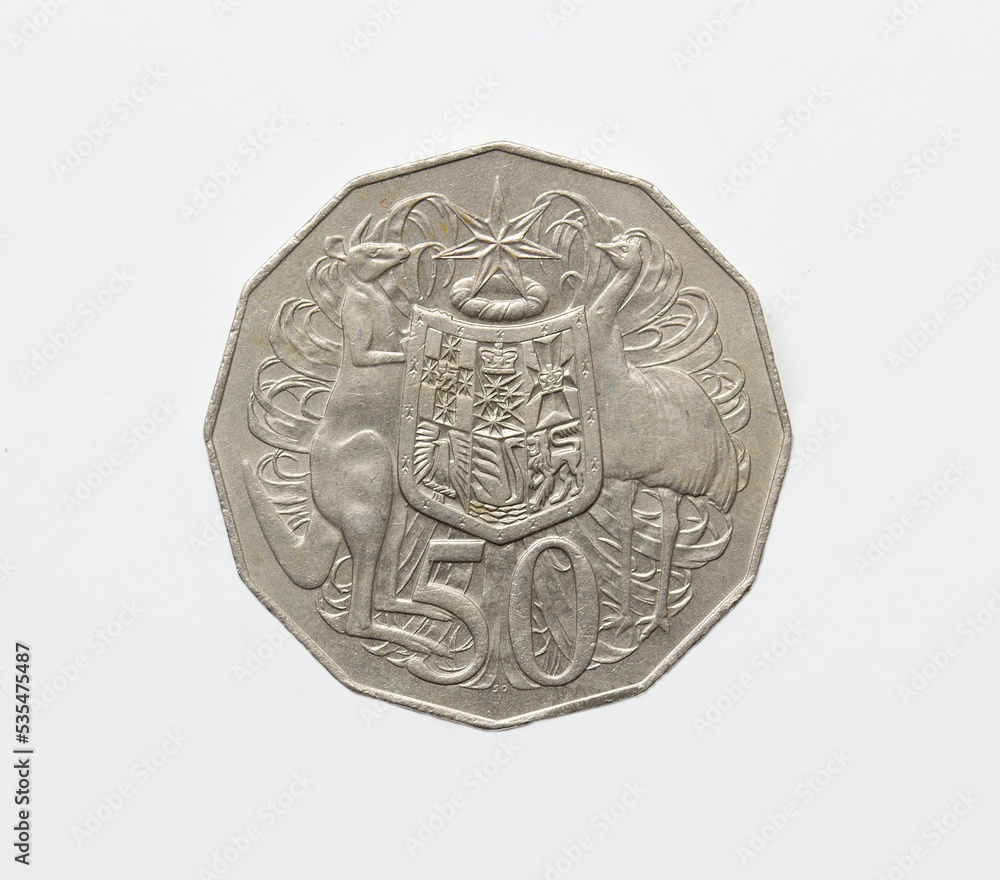 50 cents coin made by Australia, that shows Kangaroo, Emu and Coat of ...