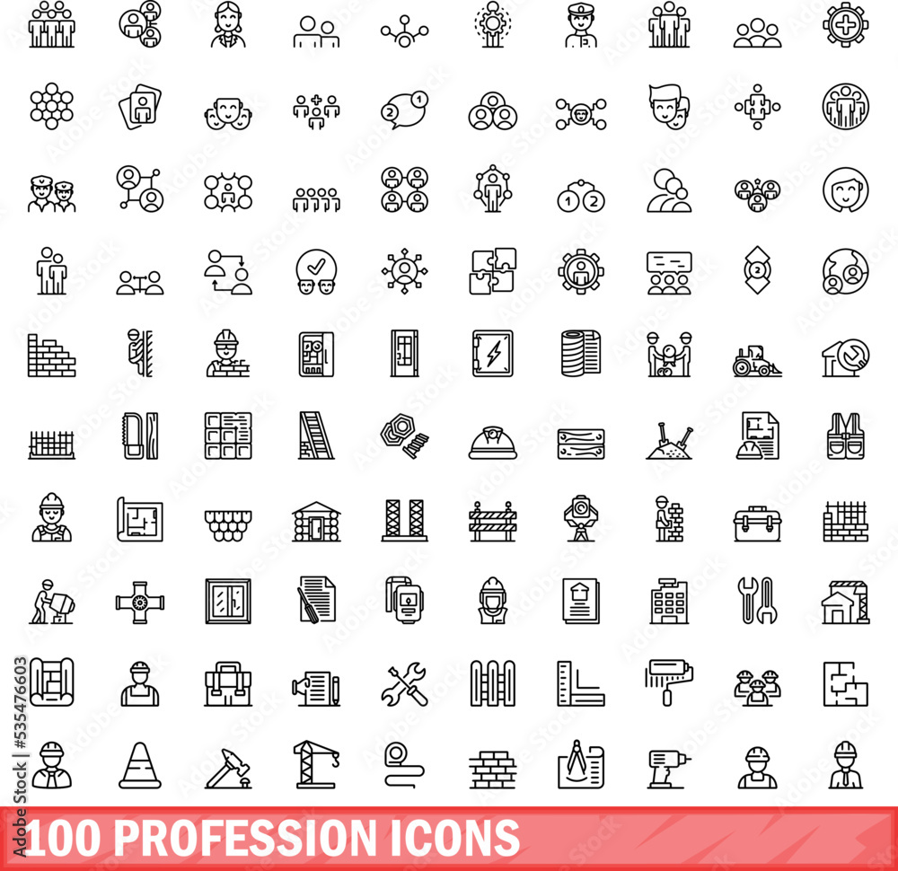 100 profession icons set. Outline illustration of 100 profession icons ...