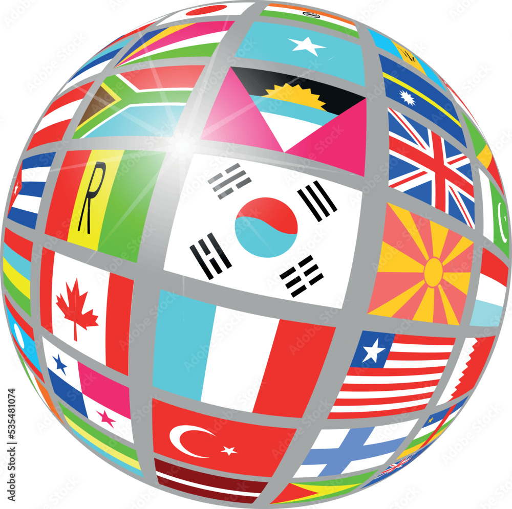 Vector Illustration Featuring World Flags Mapped To A Ball, Isolated On ...