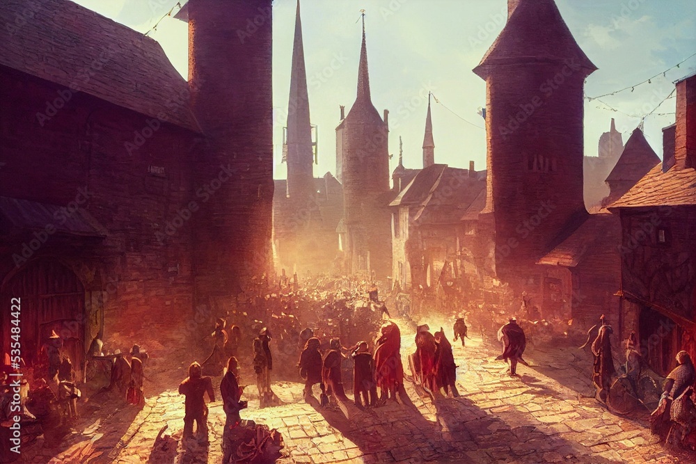 3D rendering of main square in a medieval town Stock Illustration ...