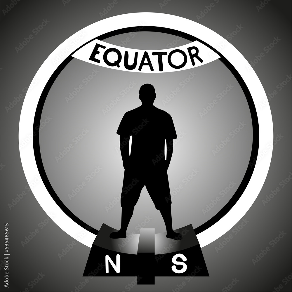 Silhouette of a man standing on the equator. Equator crossing sign ...