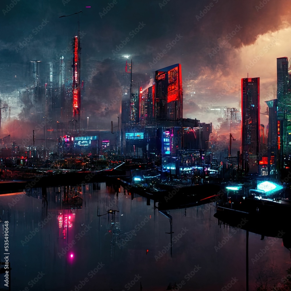 Hyper-realistic illustration of a futuristic city with colorful neon ...