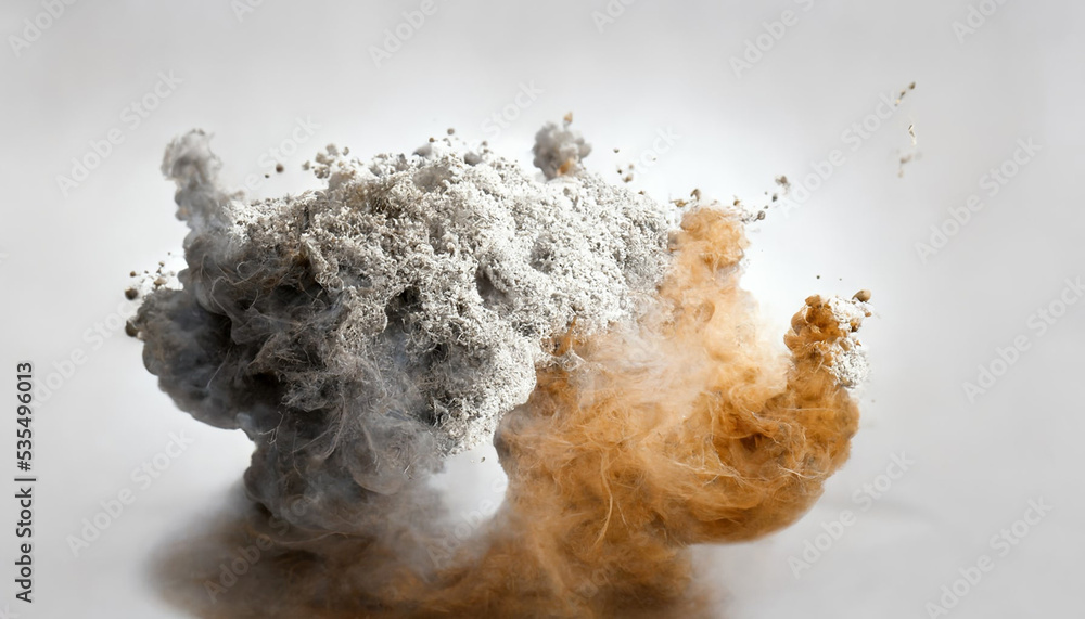 Dust spray, white smoke, powder explosion with particles. Stock ...