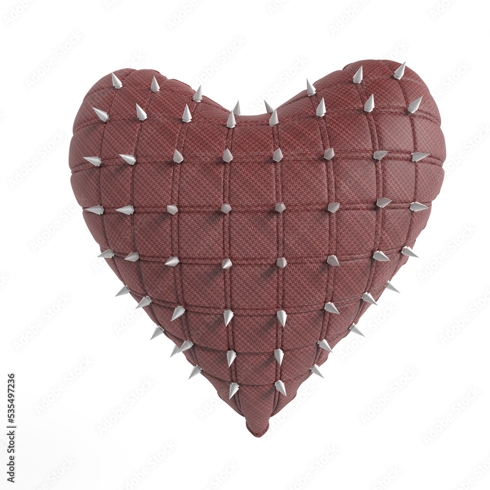 quilted heart with silver, kinky style metal, steel spikes on surface ...