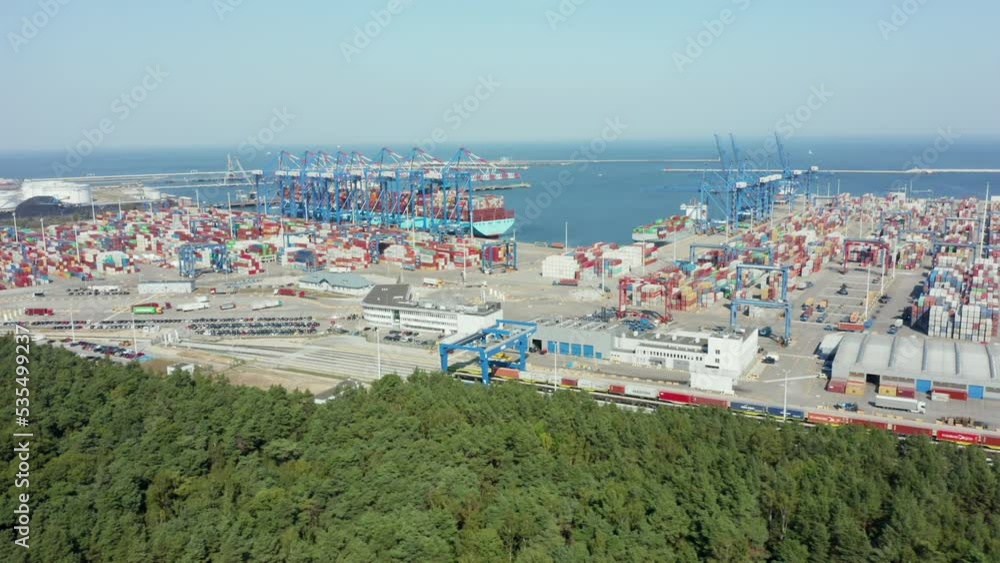 Drone shot at a shopping pore. Logistics, transport and shipping ...