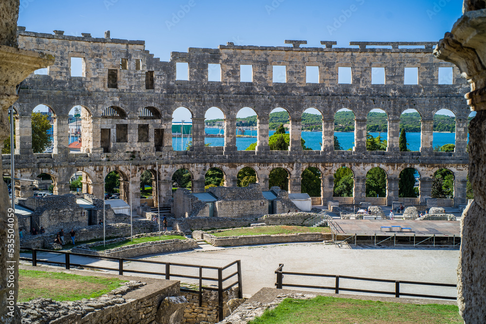Roman amphitheater in the city of Pula, Croatia. Close-ups on the ...