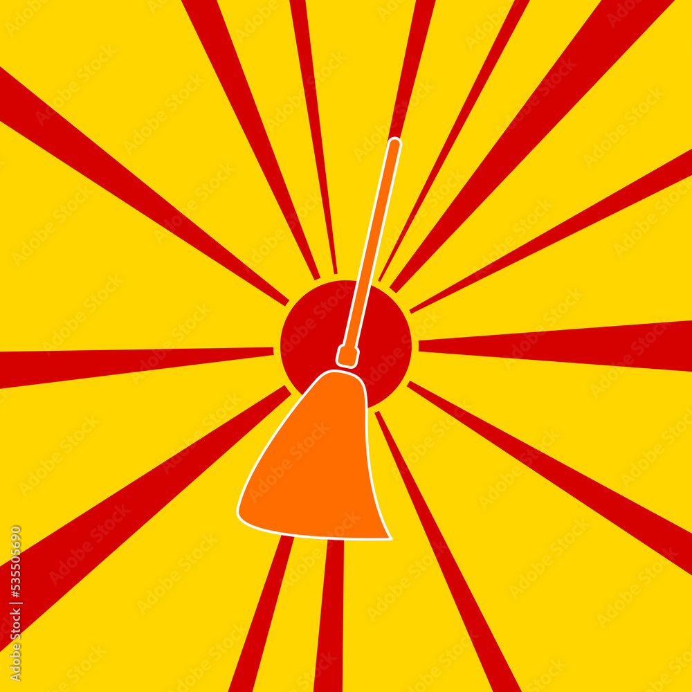 Broom symbol on a background of red flash explosion radial lines. The ...