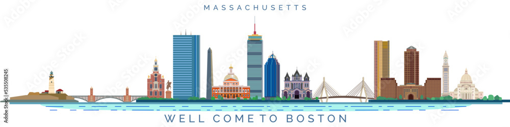 Massachusetts state city of Boston and architectural landmarks vector ...