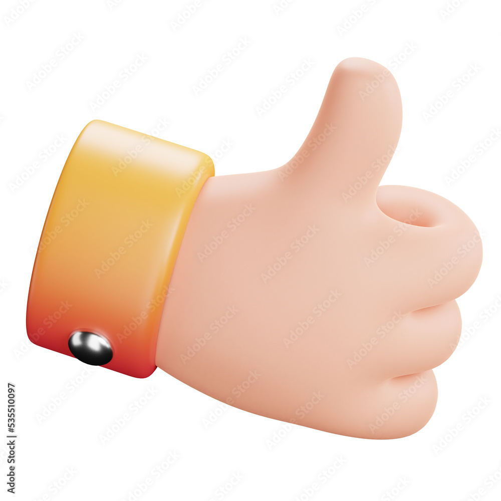 3D cartoon user interface illustration of a thumbs up or positive or up ...