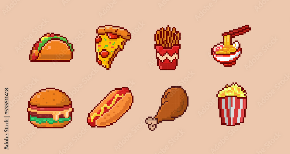 fast food collection set in pixel art style Stock Vector | Adobe Stock