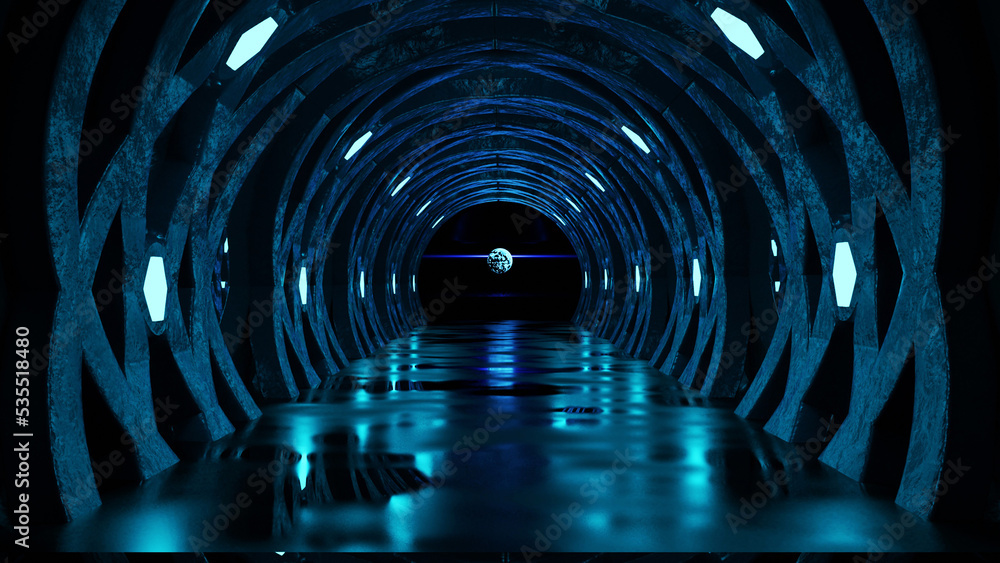 The concept of an alien perspective Corridor with blue neon lights ...