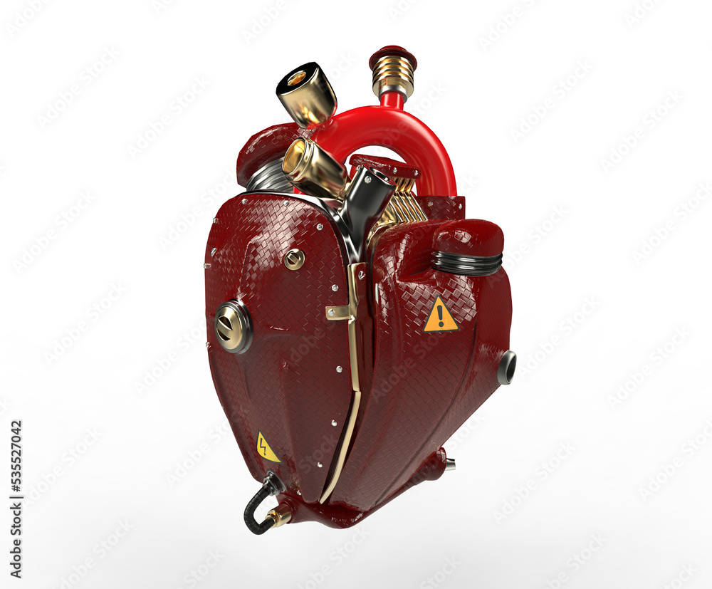 Diesel punk robot techno heart. engine with pipes, radiators and glossy ...
