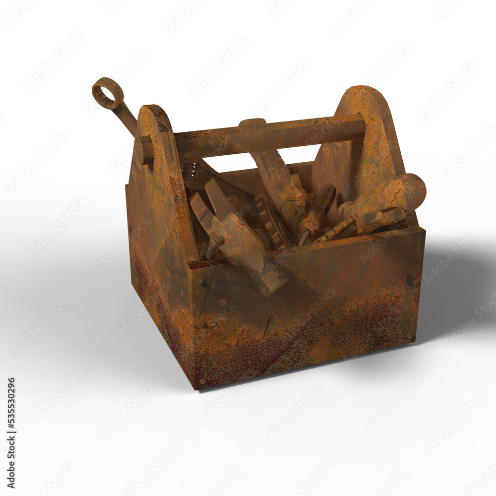 stained worn-out toolbox with rusty tools, wrench, spanner, hammer ...