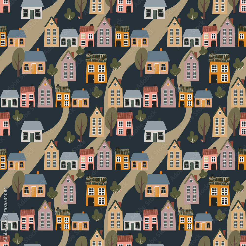 Seamless cartoon houses pattern , Cute cottage houses print, background ...