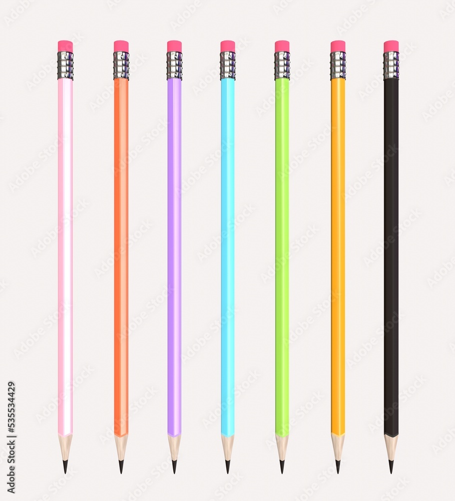 3D colorful sharp pencils with rubber eraser. Realistic render drawing ...