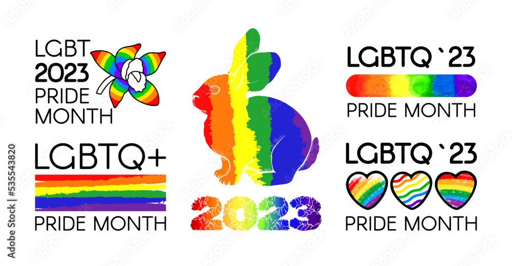 Big set of LGBT Pride Month 2023. Year of the rabbit. Rainbow flag ...
