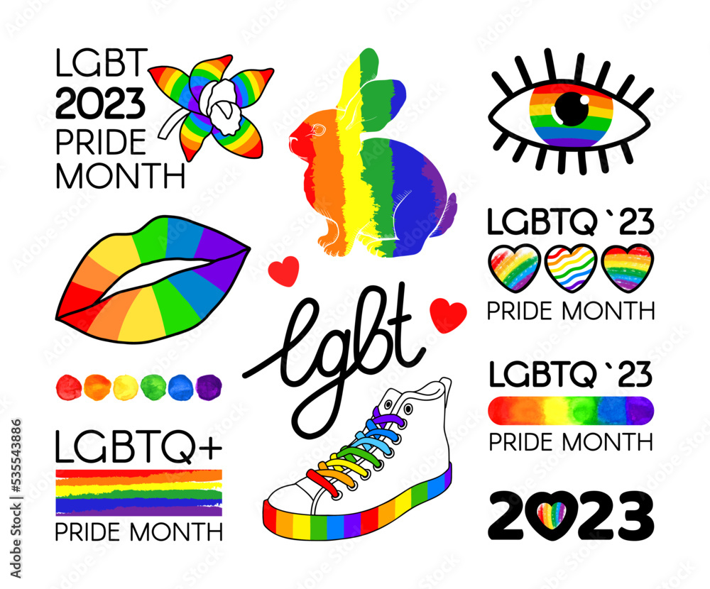Big set of LGBT Pride Month 2023. LGBT flag brush stroke, logos ...
