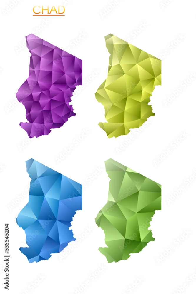 Set of vector polygonal maps of Chad. Bright gradient map of country in ...