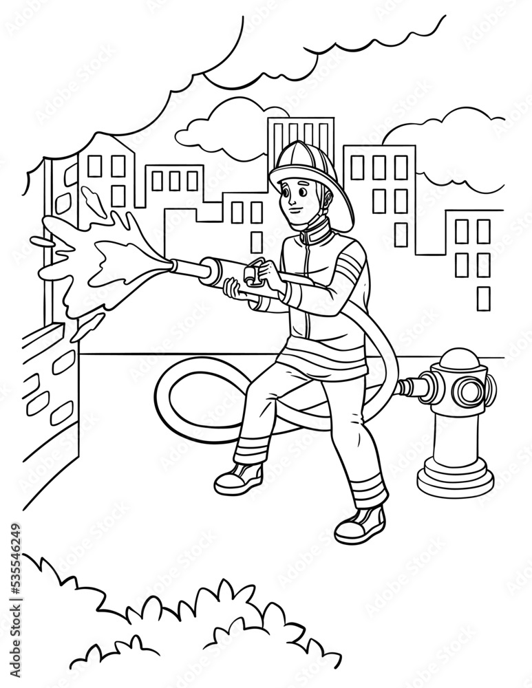 Firefighter Coloring Page for Kids Stock Vector | Adobe Stock