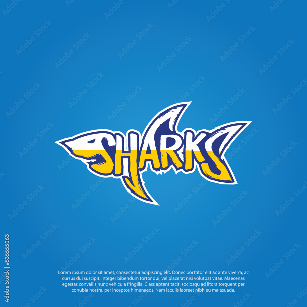 Stylized word shark in shape of shark. Design logo for card, poster ...