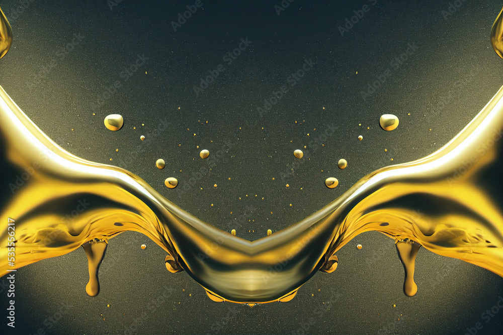 3D rendering, golden liquid, metallic moving liquid spray, heart shaped ...