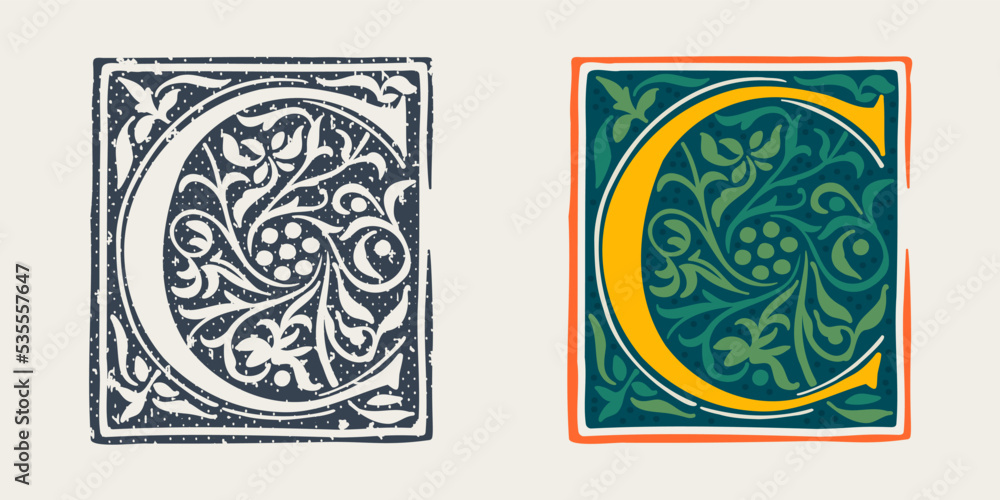 C letter logo in medieval gothic style. Set of dim colored and ...