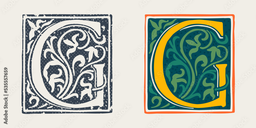 G letter logo in medieval gothic style. Set of dim colored and ...