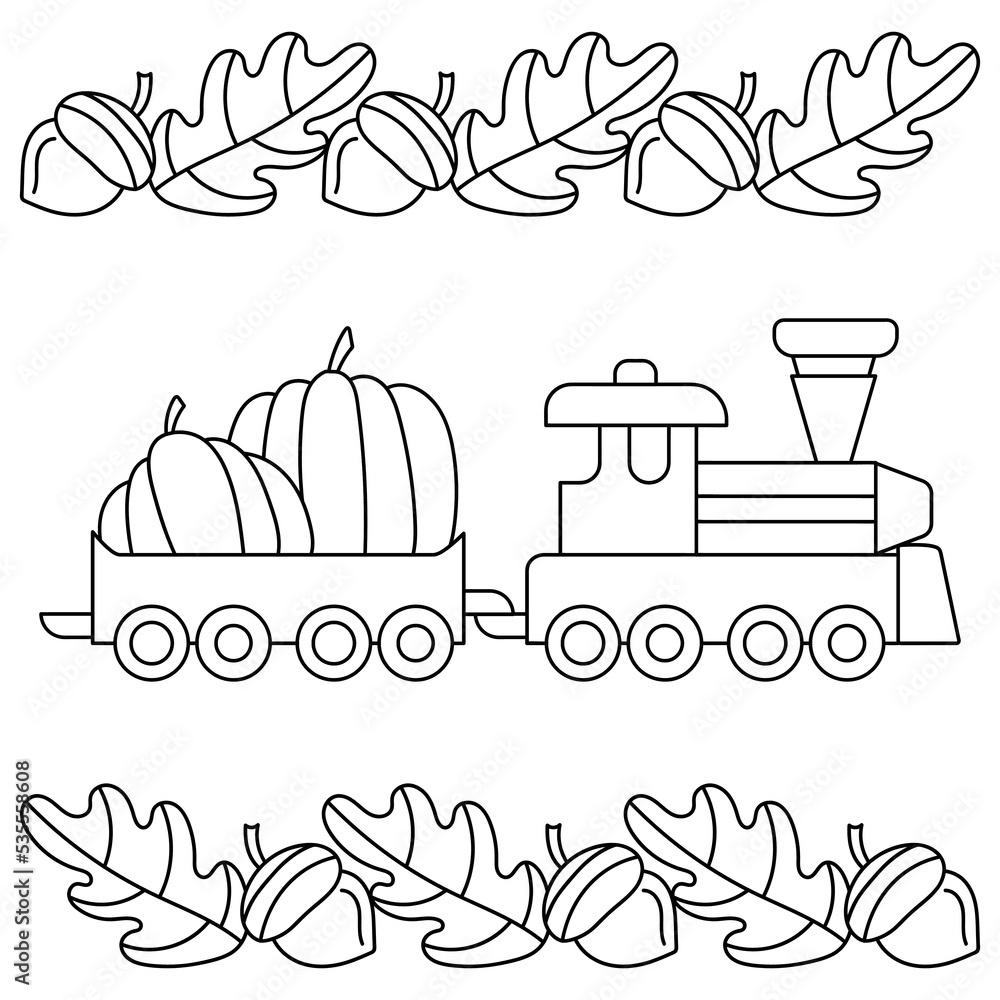 The train is carrying wagons with pumpkins. Autumn theme. Coloring page ...