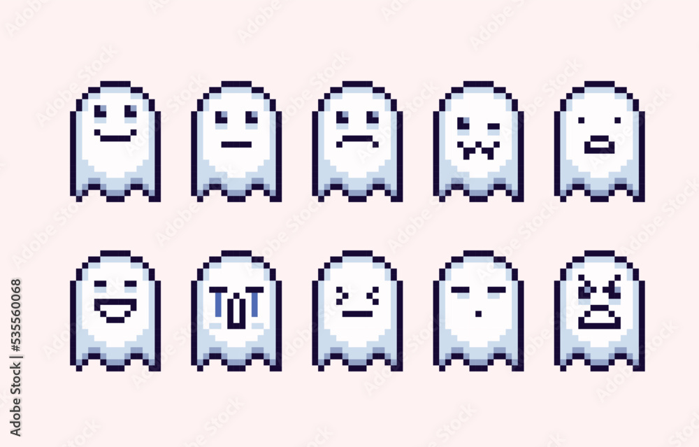 Ghost smiles pixel art set. Poltergeist emoji collection. Cute ...