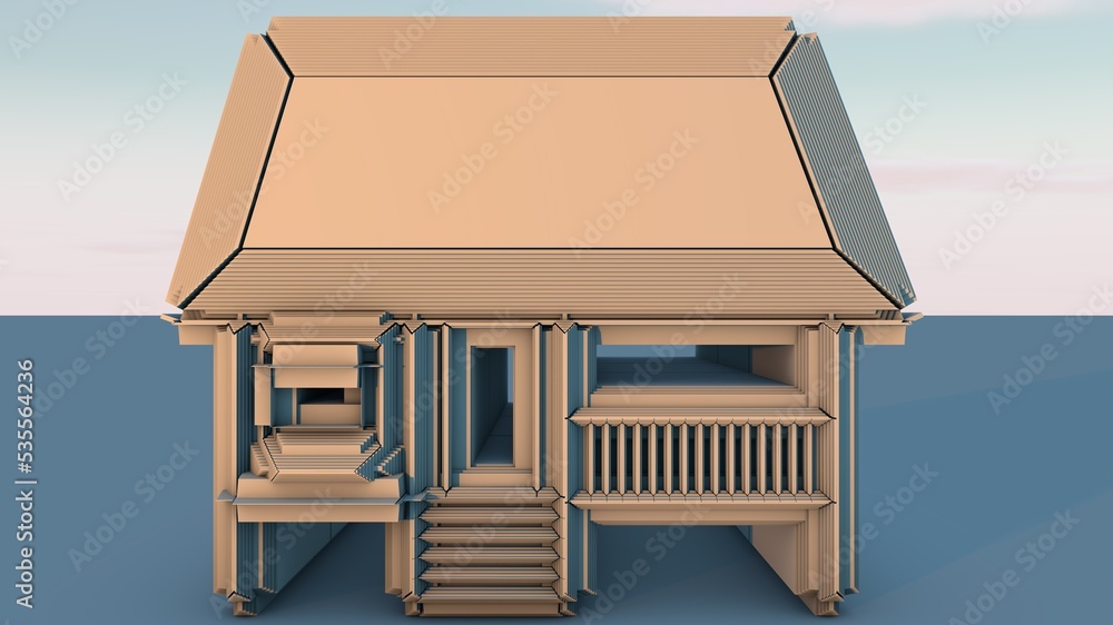 A 3D Illustration of a housing structure with a front view or façade ...