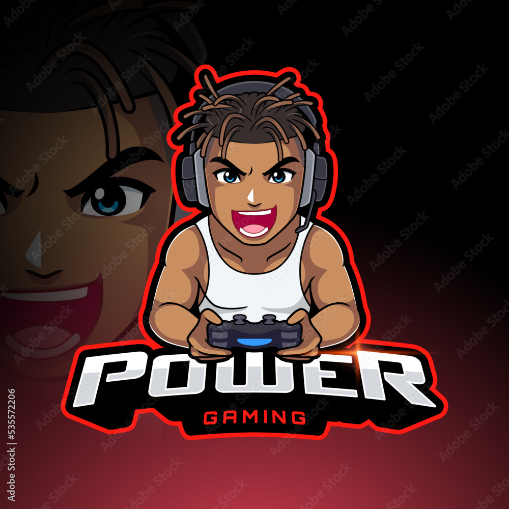 Black african american gamer boy with headset mascot character vector ...