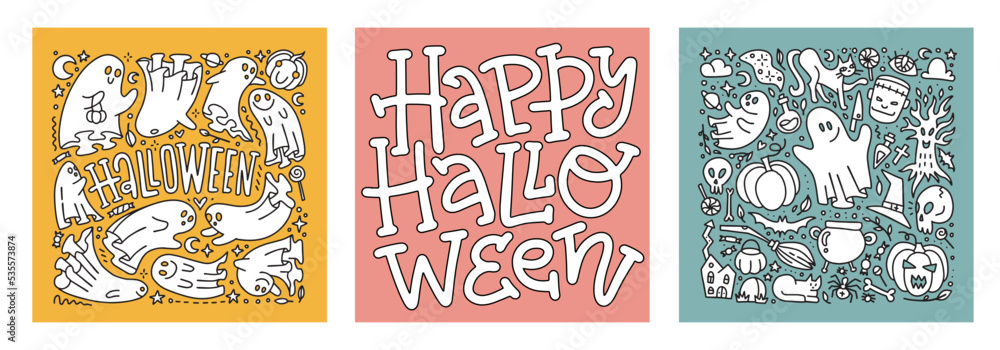 Set of Halloween doodle lettering cards with Ghost characters. Scary ...