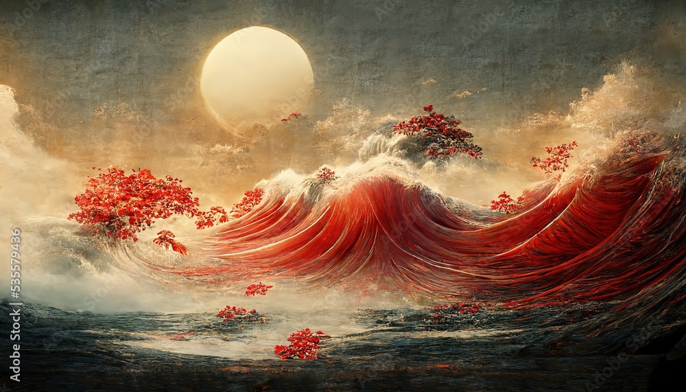 The canvas depicts a full moon over waves of red. s depicts a full moon ...