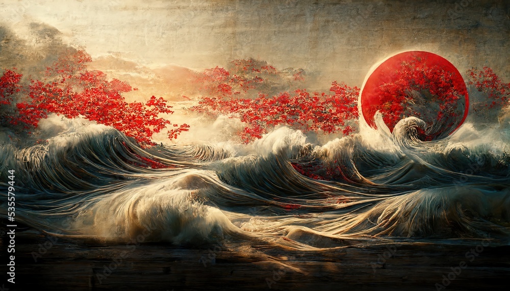 A full red moon rose over the water and the trees. 3D illustration ...