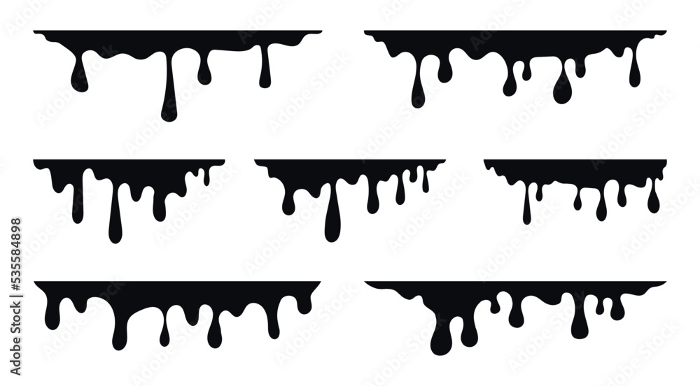 Paint dripping set. Black melt drips. Current liquid. Dripping fluid ...