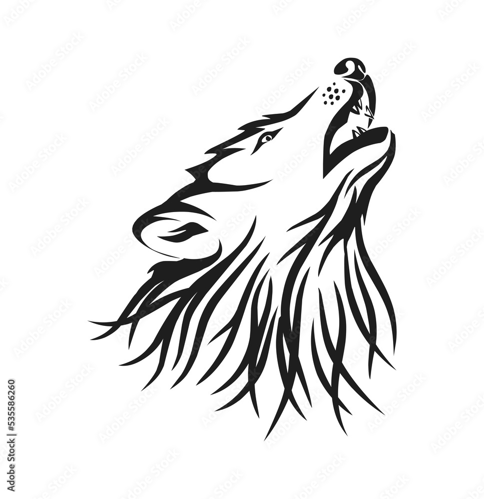 abstract howling wolf hand drawing, wolf head in black color ...