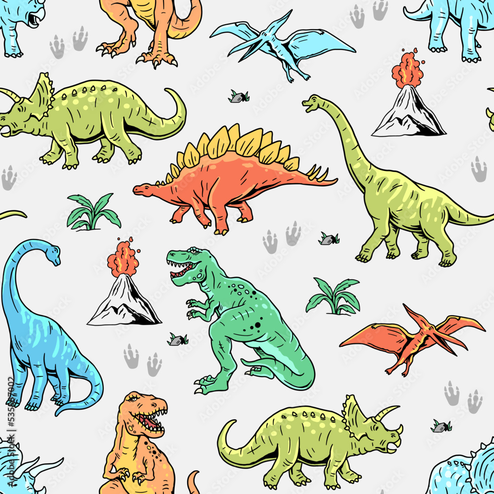 Dinosaur seamless pattern. Hand drawn vector dinosaurs with background ...