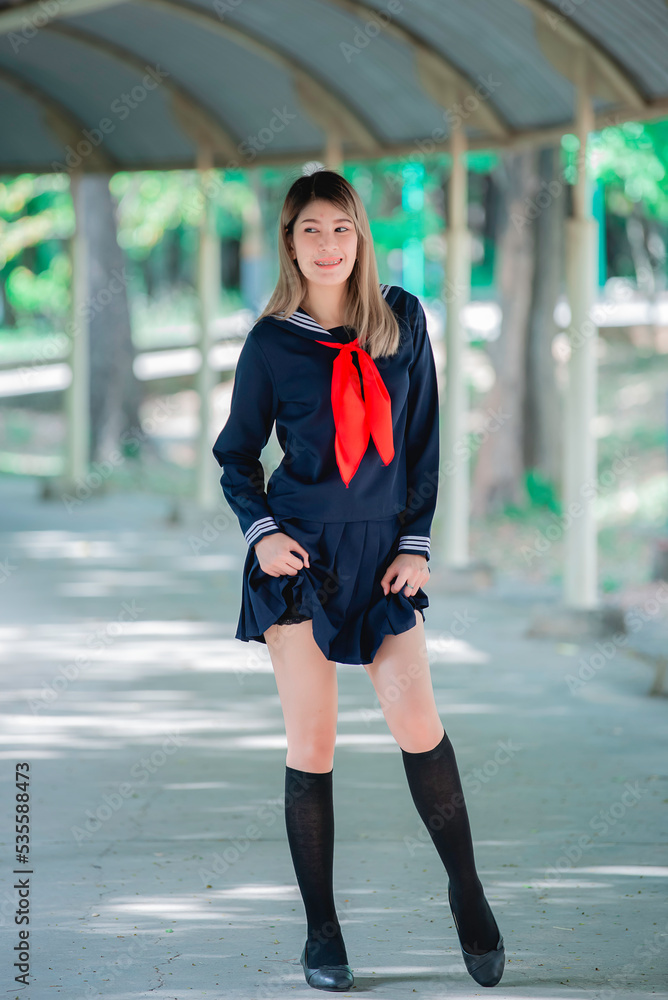 Portrait of asian woman wear student dress japan style,Thailand people ...