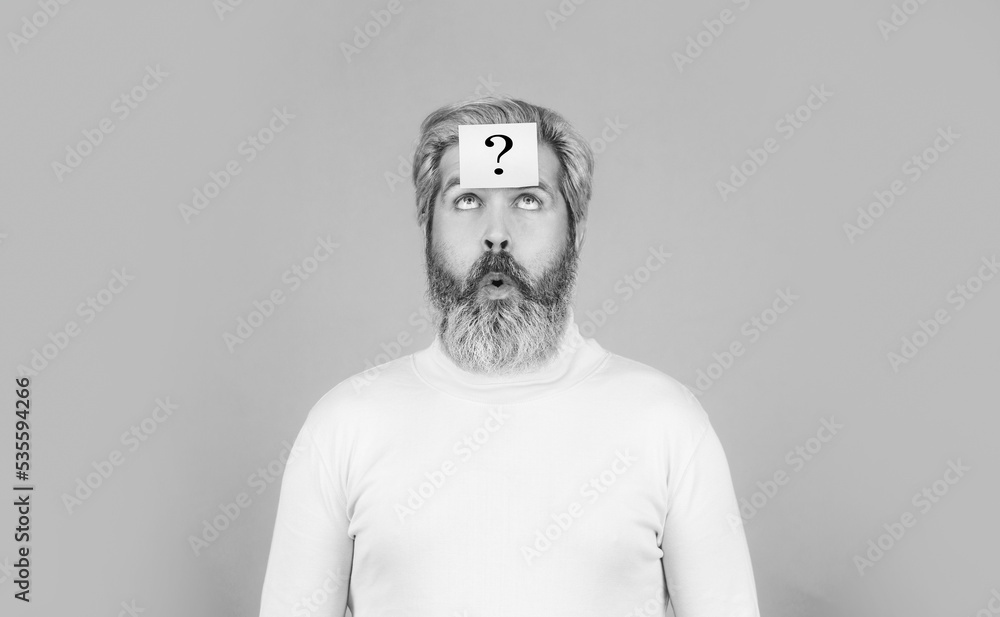 Paper notes with question marks. Beard man question mark in head ...