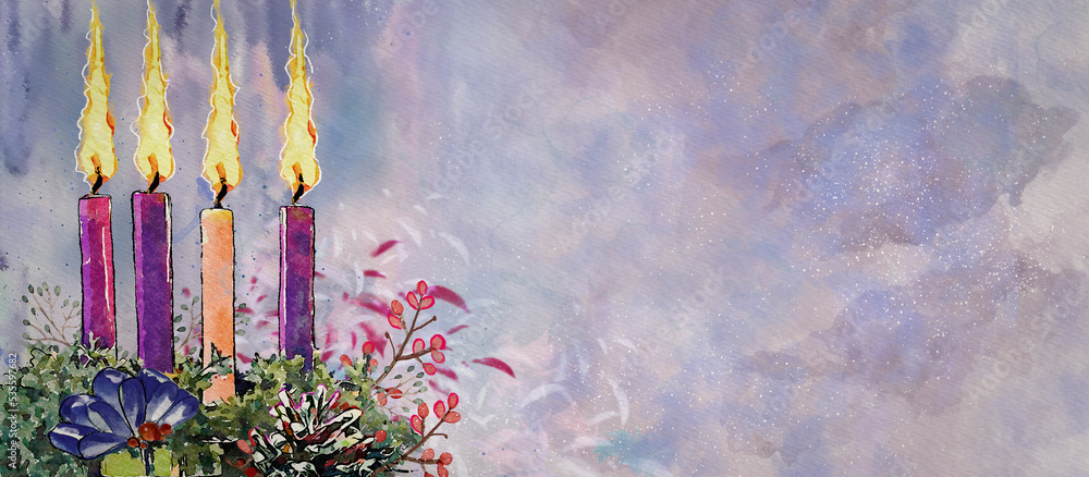 Advent Wreath with Candles. Watercolor christian background. Stock ...