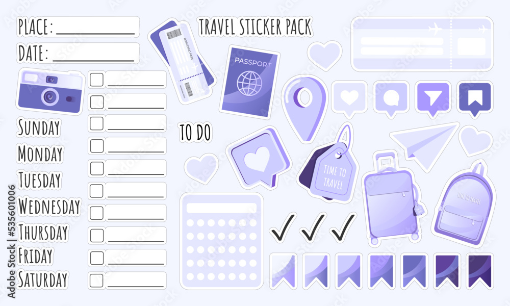 Set of travel elements like a suitcase, camera or ticket in flat style ...