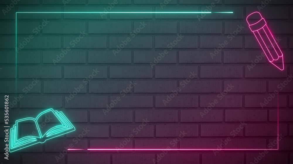 Blue and Pink Back To School Neon Book and Pencil Lines Brick Wall ...